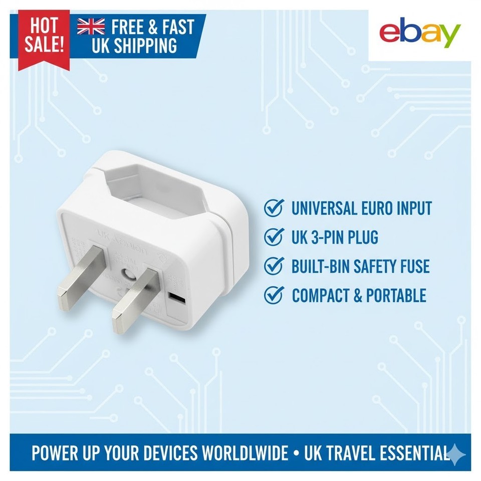 EU European Euro Europe 2-Pin To 3-Pin UK Travel Plug Socket Converter ...