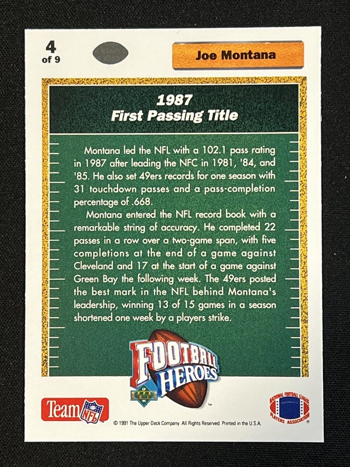 1991 Upper Deck JOE MONTANA Rare FOOTBALL HEROES INSERT #4 San ...