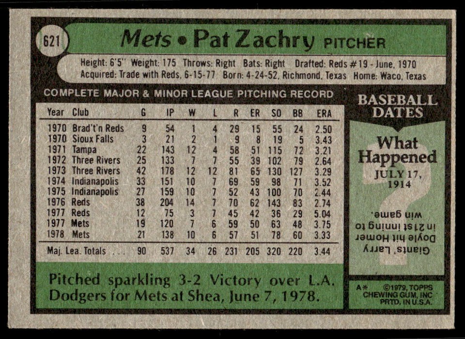 1979 Topps 621 Pat Zachry New York Mets Baseball Card | eBay