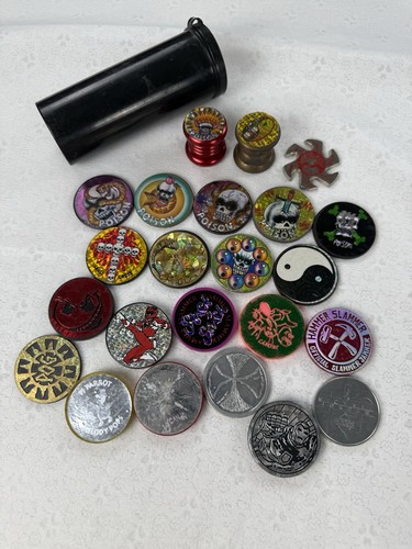 Vtg 90s Pogs 3 RARE Metal Plastic Slammers Ying Yang Skeleton Poison ...
