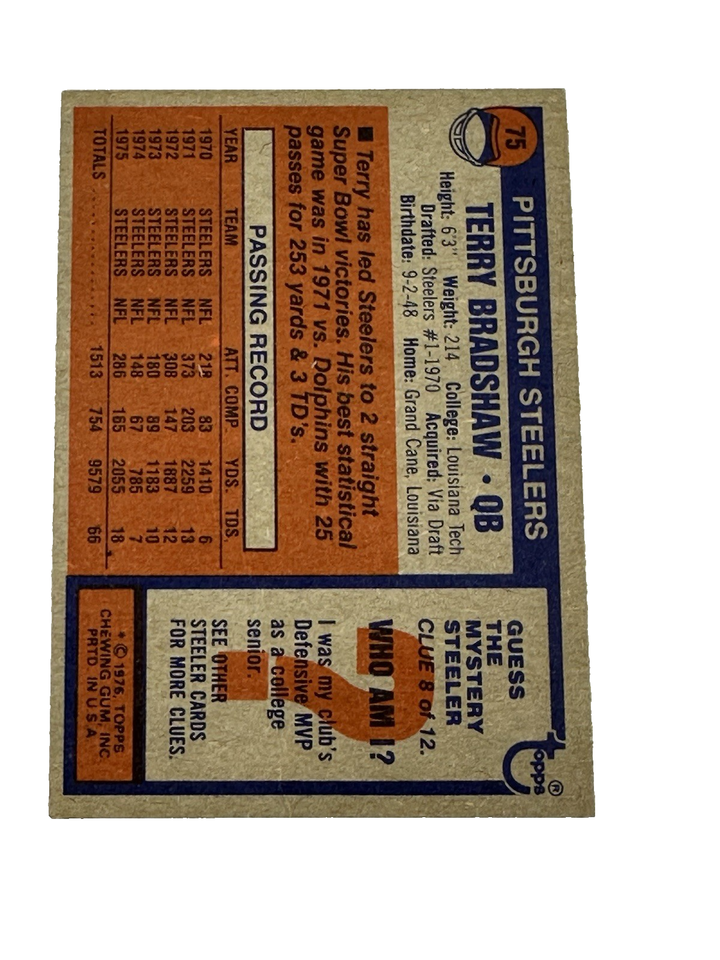 Terry Bradshaw #75 1976 Topps Pittsburgh Steelers Football Card Very ...