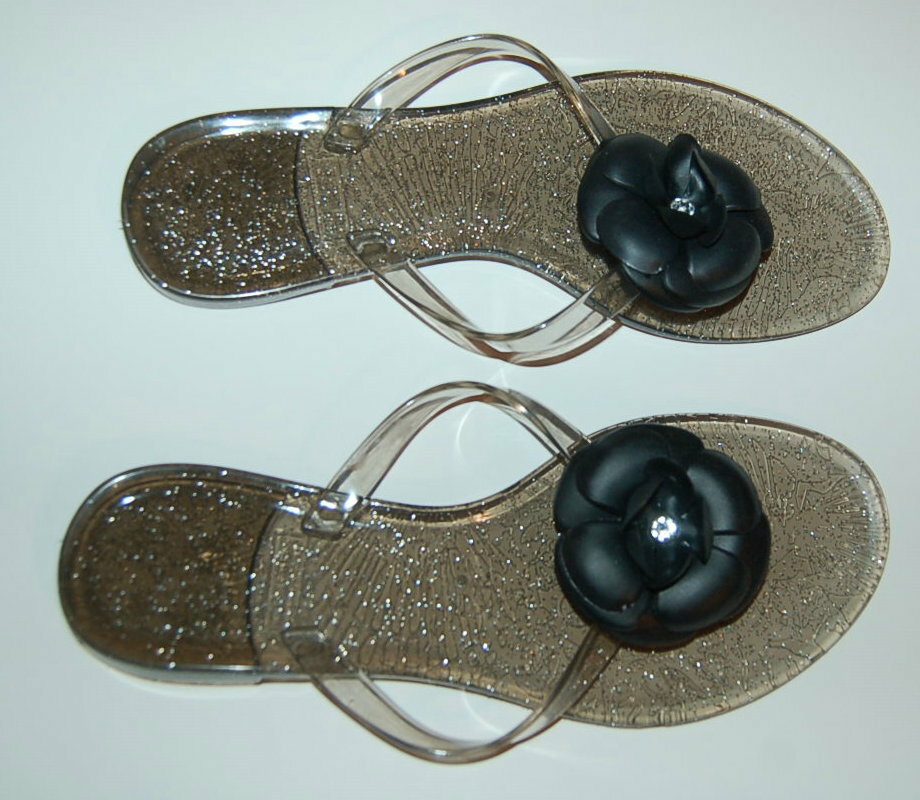 Womens GLITTER GEL FLIP FLOPS w/ BLACK FLOWER Rhinestone Center SIZE 7 ...