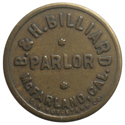 McFarland, CA B, & H. Billiard Parlor "5" Token | eBay