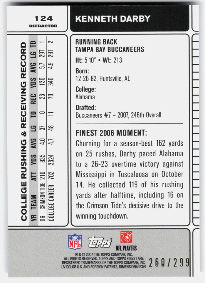 2007 Finest Blue Refractors Kenneth Darby Rookie #124 Buccaneers RC ...