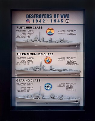 Destroyers of WW2 Display Shadow Box, Fletcher, Sumner, Gearing, 5.75 ...