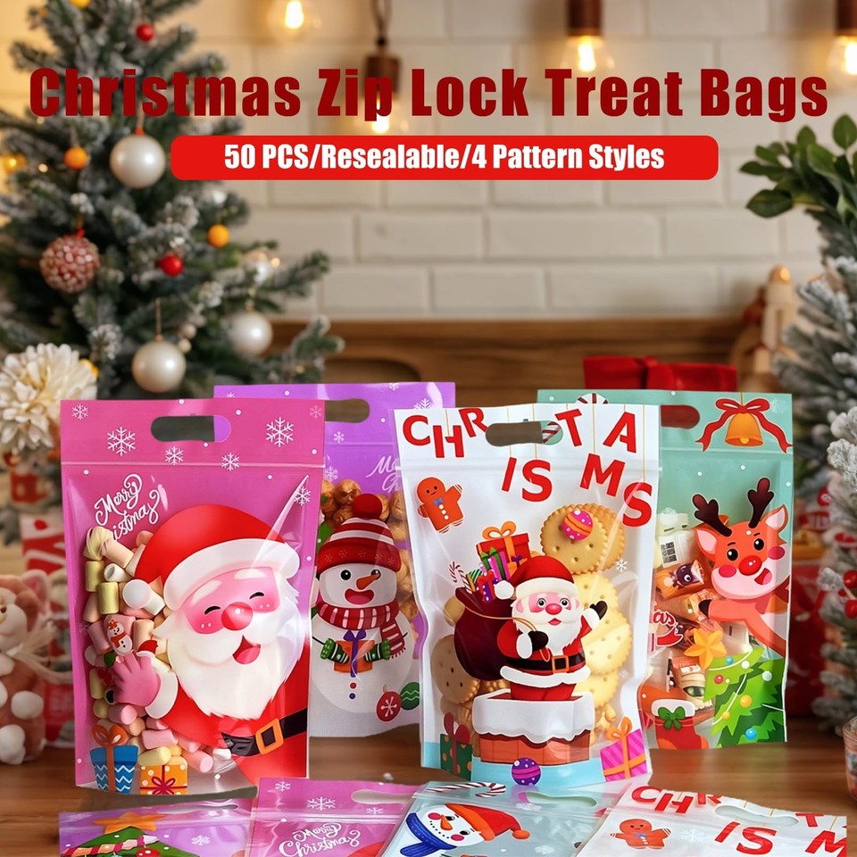 Resealable Christmas Zip Lock Bags 50PCS Christmas Candy Cookie Treat ...