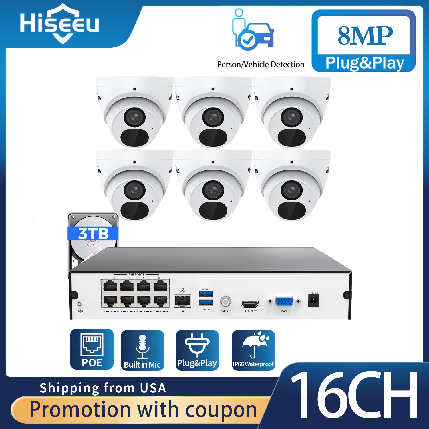 Hiseeu 4K 8MP POE 16CH NVR IP Security Camera System CCTV System Home ...