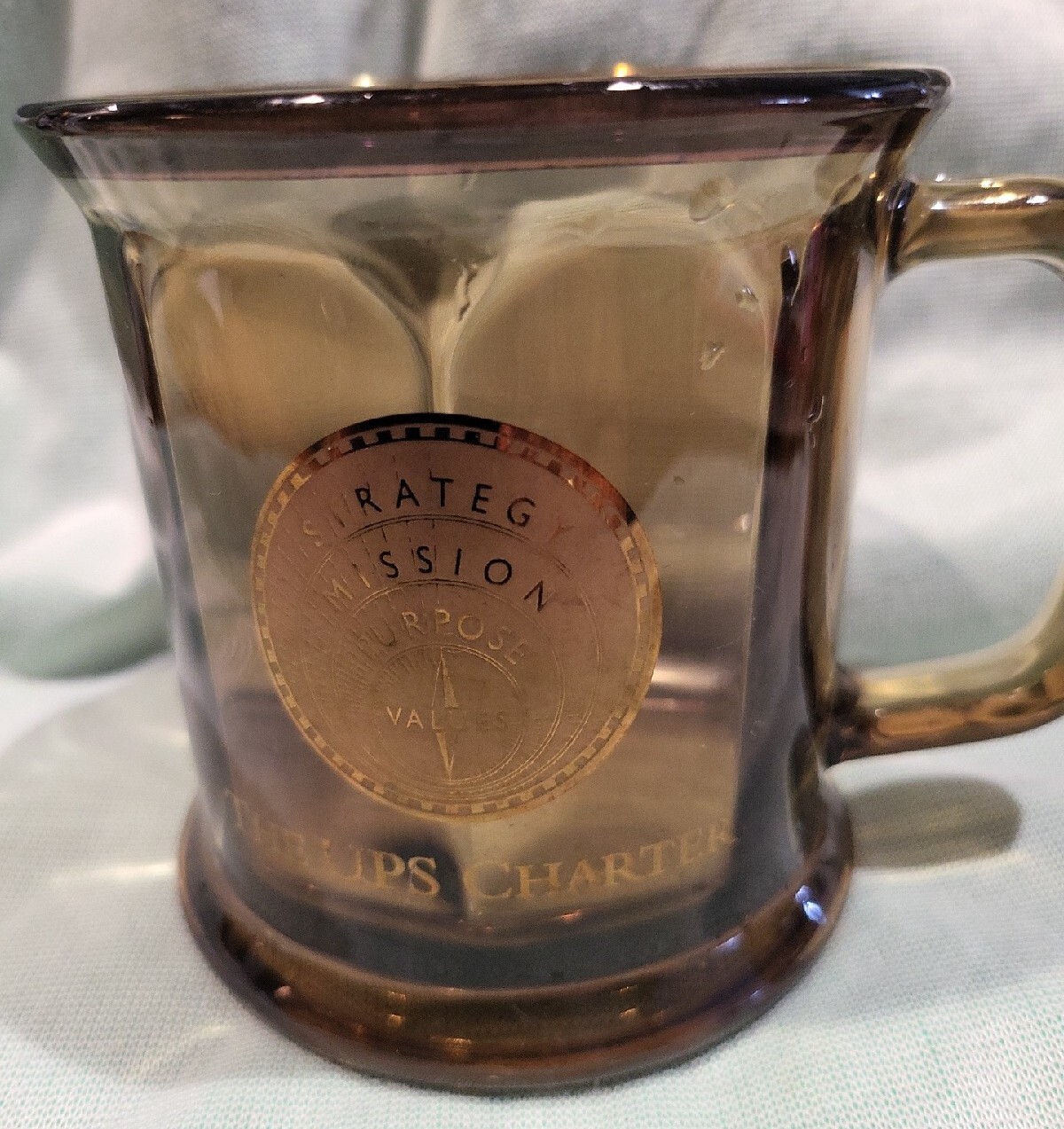 THE UPS CHARTER MUG Smoky Glass "STRATEGY MISSION PURPOSE VALUES" Nice ...