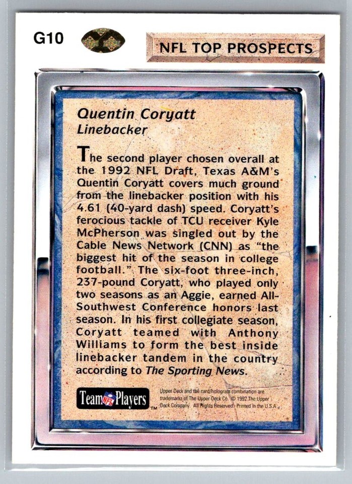 1992 Upper Deck NFL Top Prospects Quentin Coryatt #G10 Gold NrMT | eBay