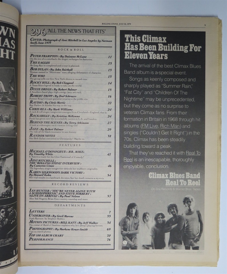 Rolling Stone magazine 296 July 26 1979 Joni Mitchell Peter Frampton no ...