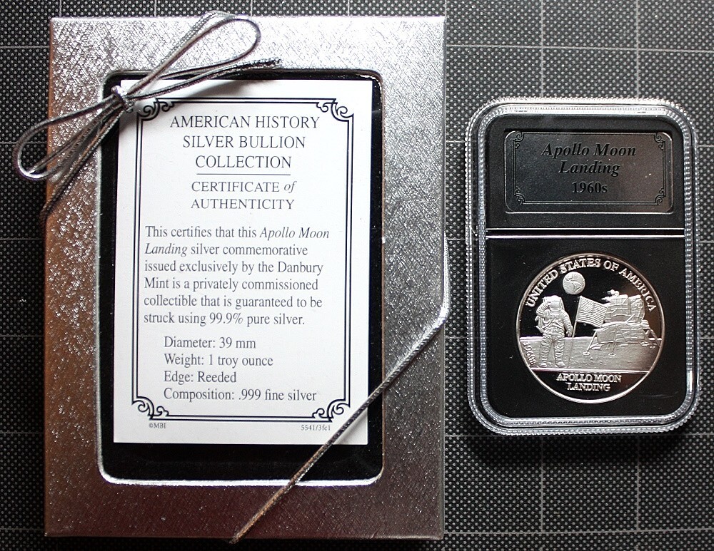 Apollo 11 Moon Landing .999 Silver 1 Troy Ounce Bullion Round Gift Box ...