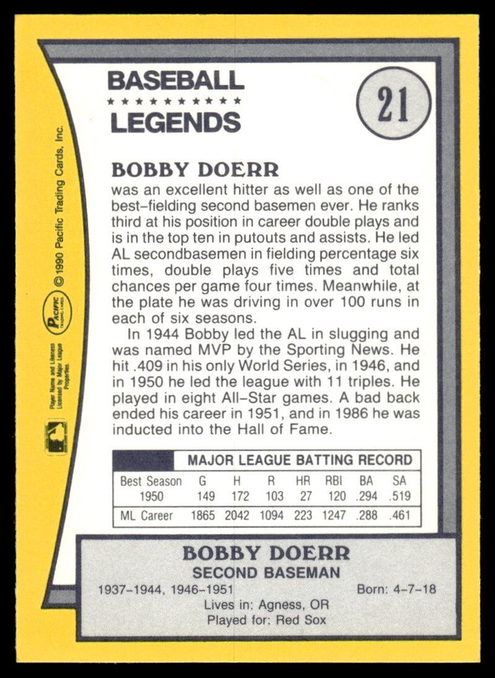 1990 Pacific Legends #21 Bobby Doerr - Boston Red Sox | eBay