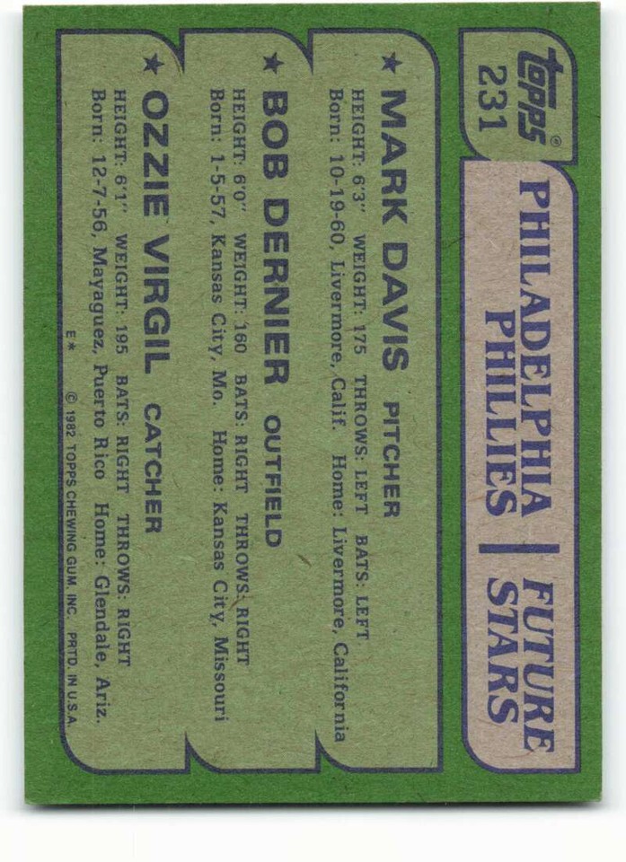1982 Topps #231 Mark Davis/Bob Dernier/Ozzie Virgil NM++ RC Rookie Phi ...