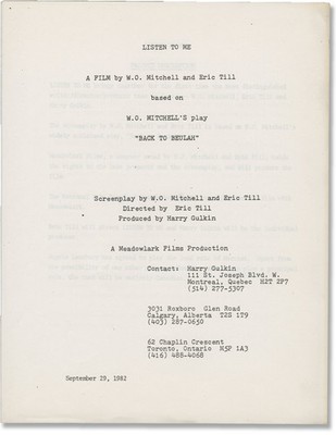 Eric Till LISTEN TO ME BACK TO BEULAH Original screenplay for an ...