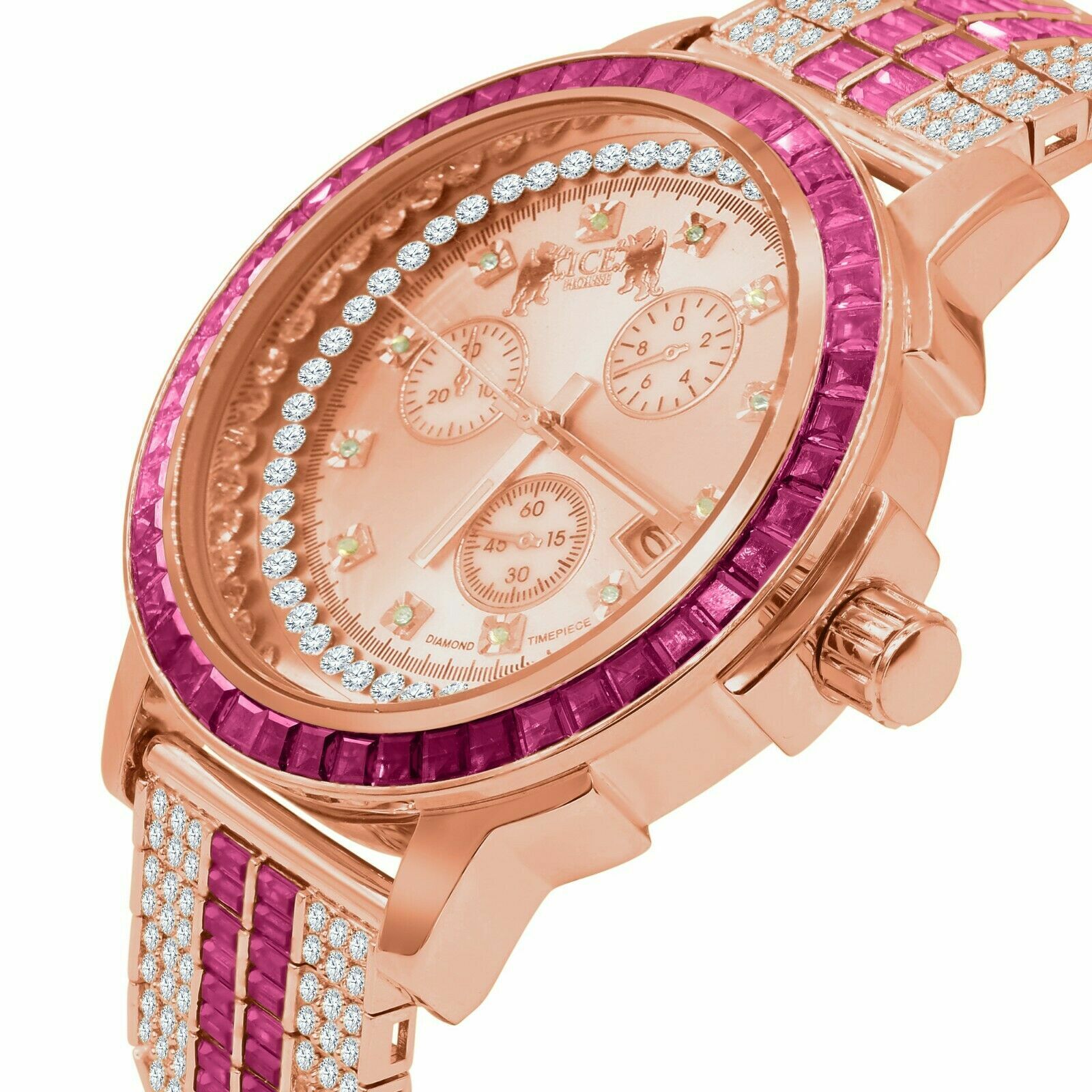 Ruby Red Rose Gold Tone Diamond Dial Stainless Steel Custom Bezel Band ...