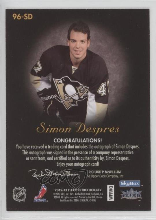 2012-13 Fleer Retro 1996-97 Skybox Autographics Simon Despres #96-SD ...