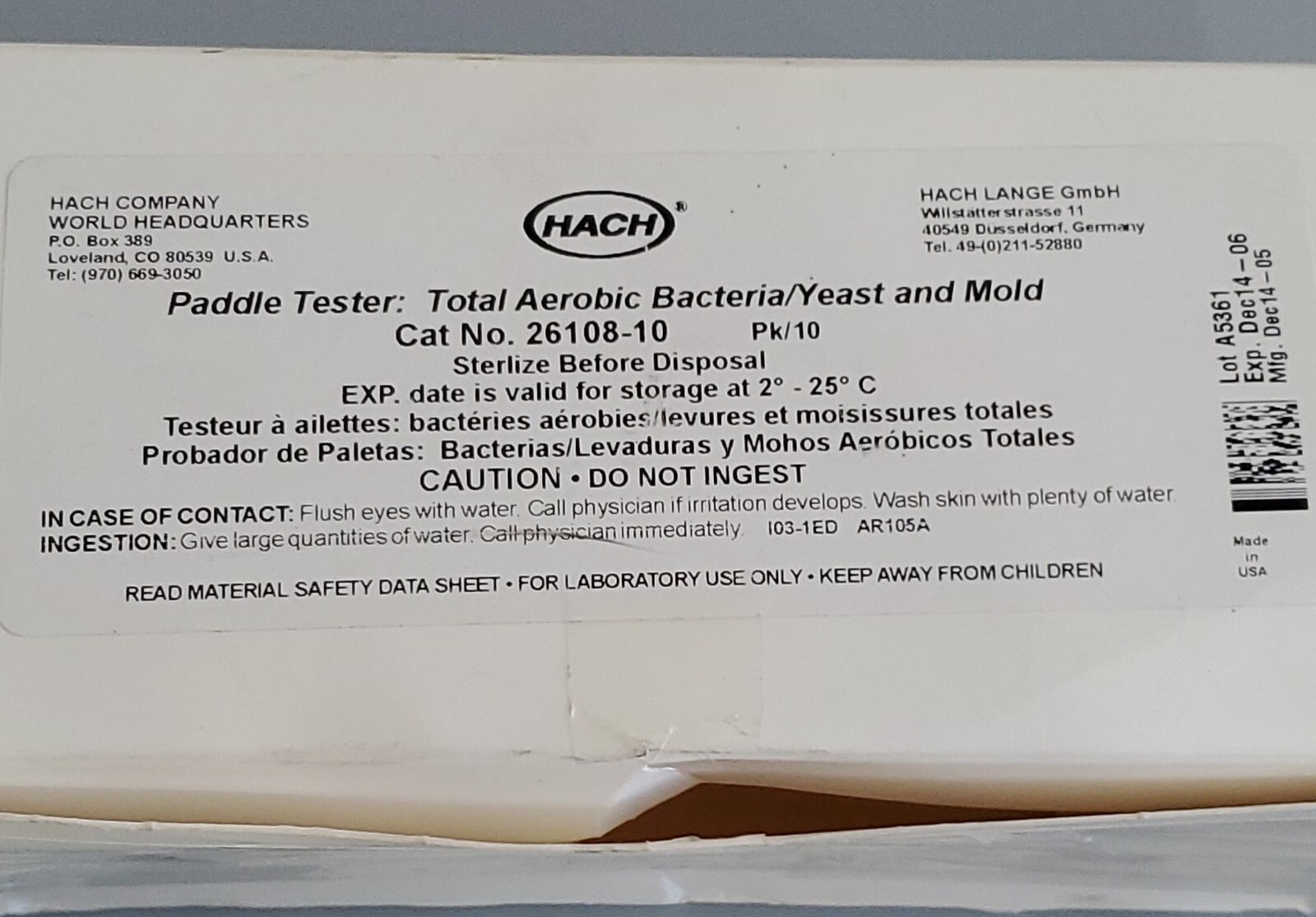 Hach Dipslide Total Bacteria / Yeast & Mold Item # 2610810 Hach ...