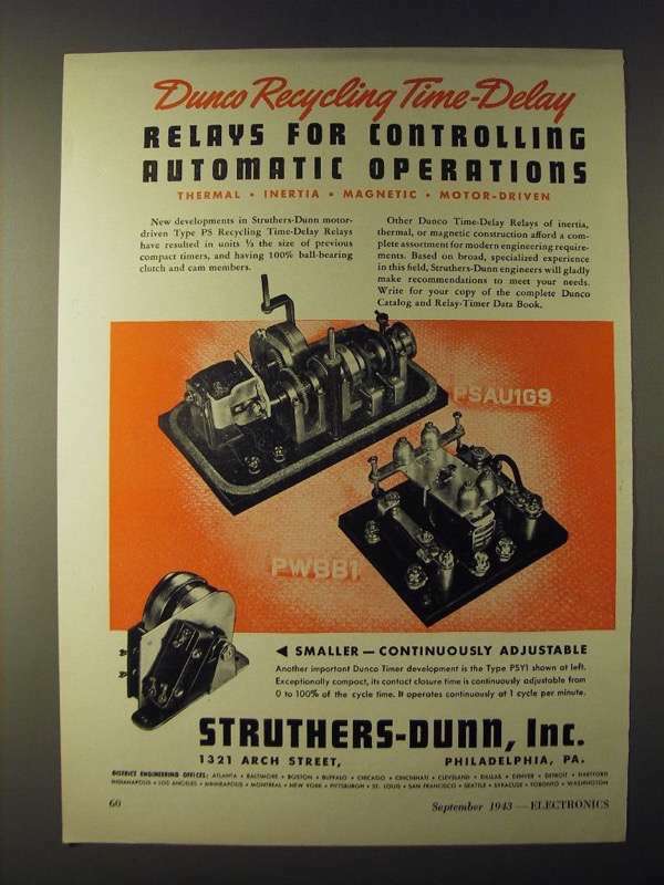 1943 Struthers-Dunn PSAU1G9 and PWBB1 Dunco Time-Delay Relays Ad | eBay