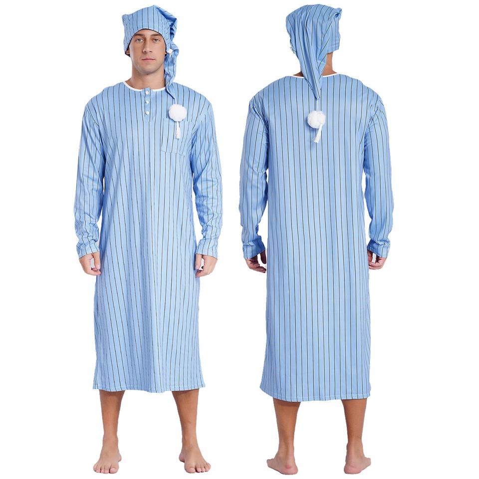 Mens Striped Sleepwear Long Sleeve Nightshirt Night Pajama Set with ...