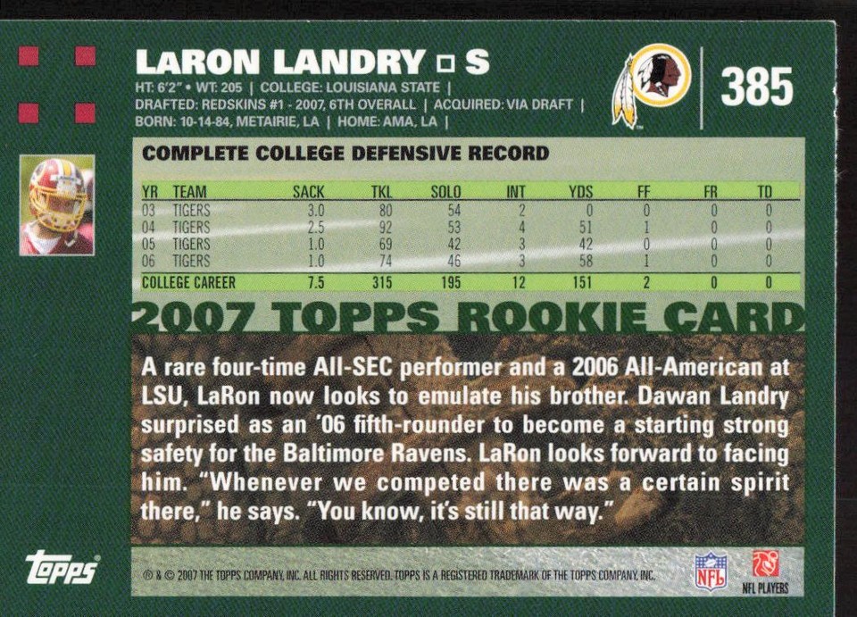 2007 Topps #385 Laron Landry RC | eBay
