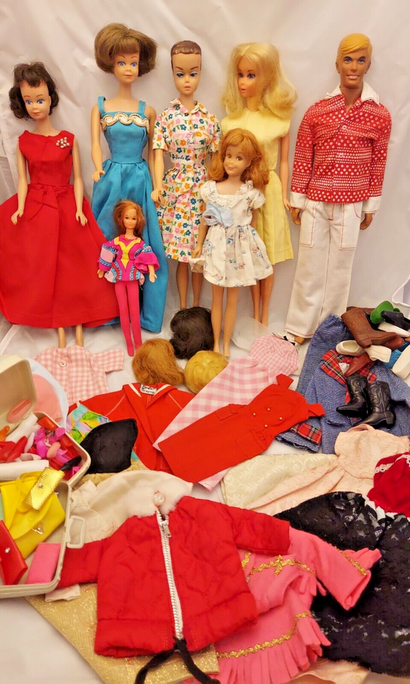 Vintage Lot 7 Dolls 60's-Barbie +Midge+Ken+Scooter+Unknown + Clothes ...