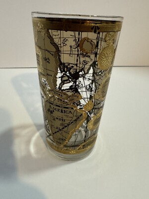 Vintage Cera Glass MAPS Set Of 6 Highball Glasses 22K Gold & Black ...