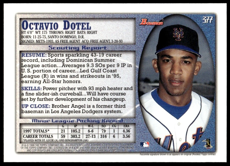 1998 Bowman #377 Octavio Dotel METS | eBay