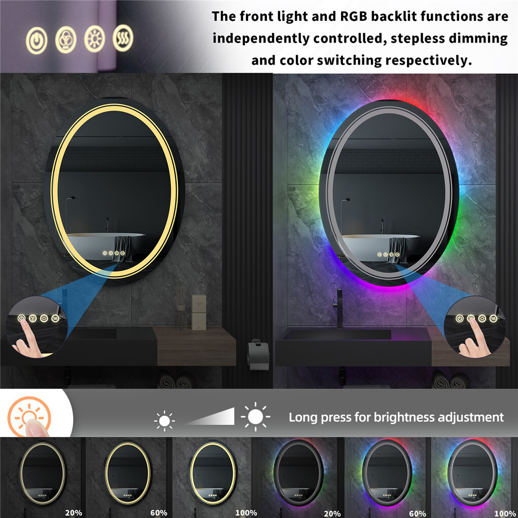 32x24" Oval LED Lighted RGB Bathroom Mirror Anti-Fog 4 Smart Touch ...