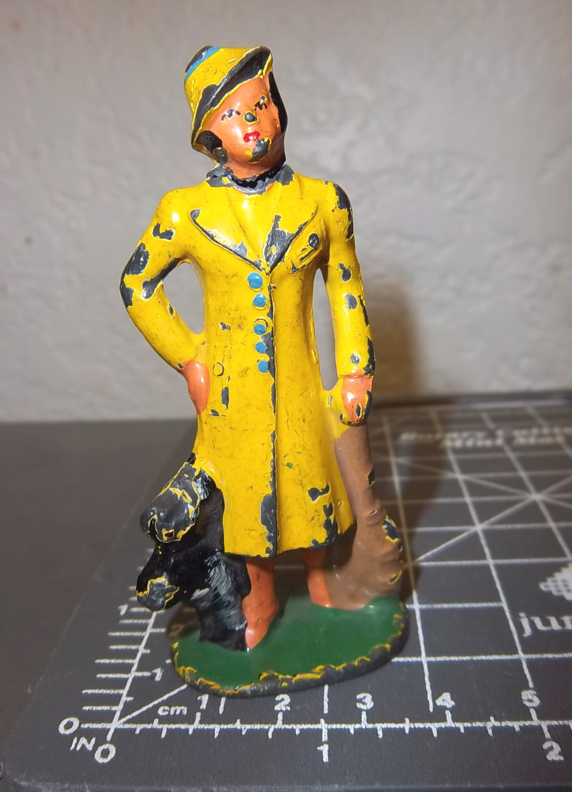 Vintage Lead toy Lady in Yellow figure with dog 3" tall, great ...