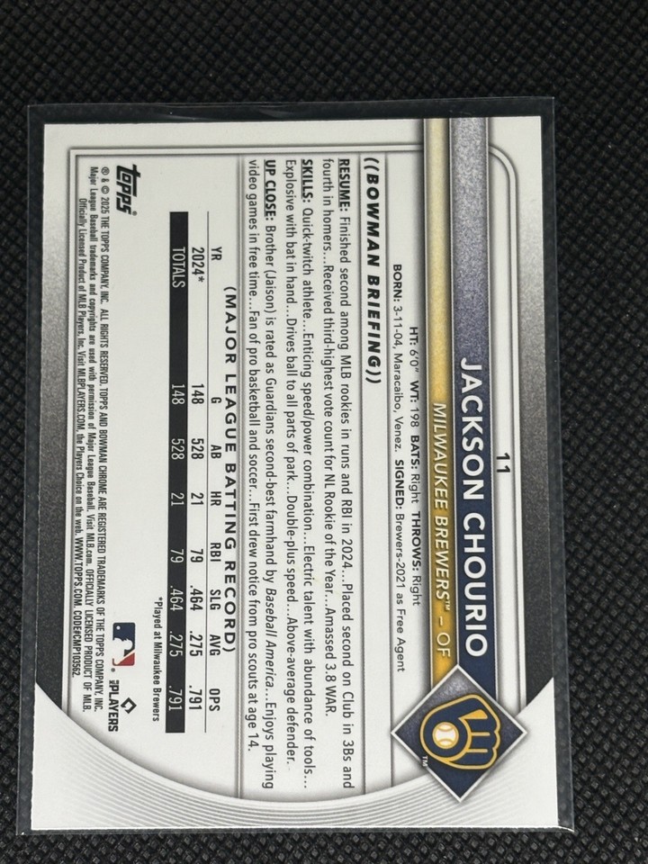 2025 Bowman - Jackson Chourio #11 Chrome Blue Mojo Refractor /150 | eBay