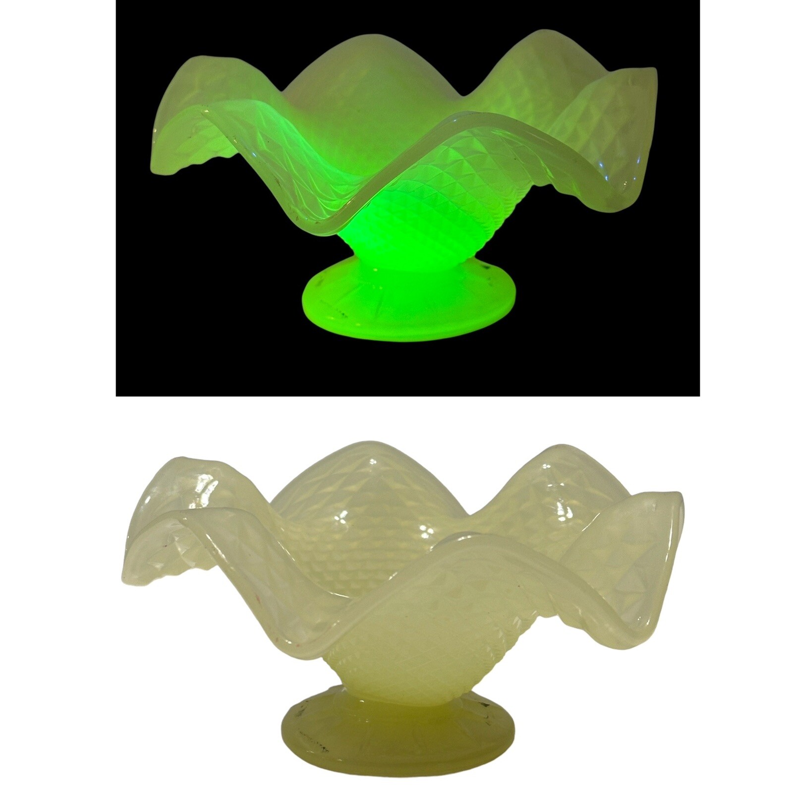 Vtg Fenton Vaseline Uranium Diamond Hobnail Ruffles Glows Dish Bowl ...