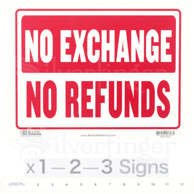 NO EXCHANGE NO REFUNDS Sign 9x12" inch Plastic Business Retail No ...