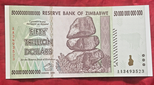 ZIMBABWE 50 TRILLION DOLLARS BANKNOTE 2008 UNCIRCULATED AA AUS. SELLER ...