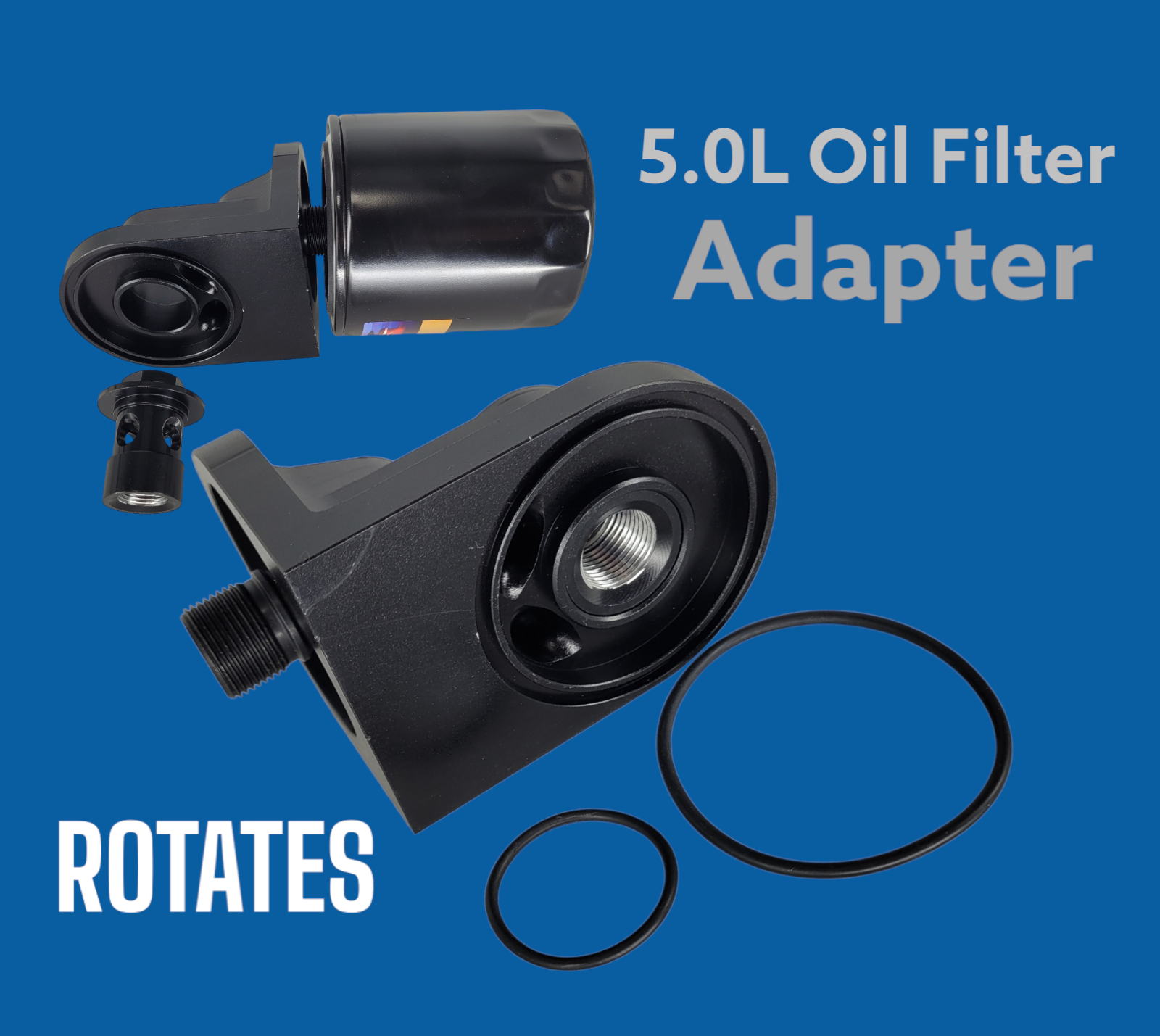 Oil Filter Adapter Rotates 90 Degree Black Billet For use on Ford 5.0L ...