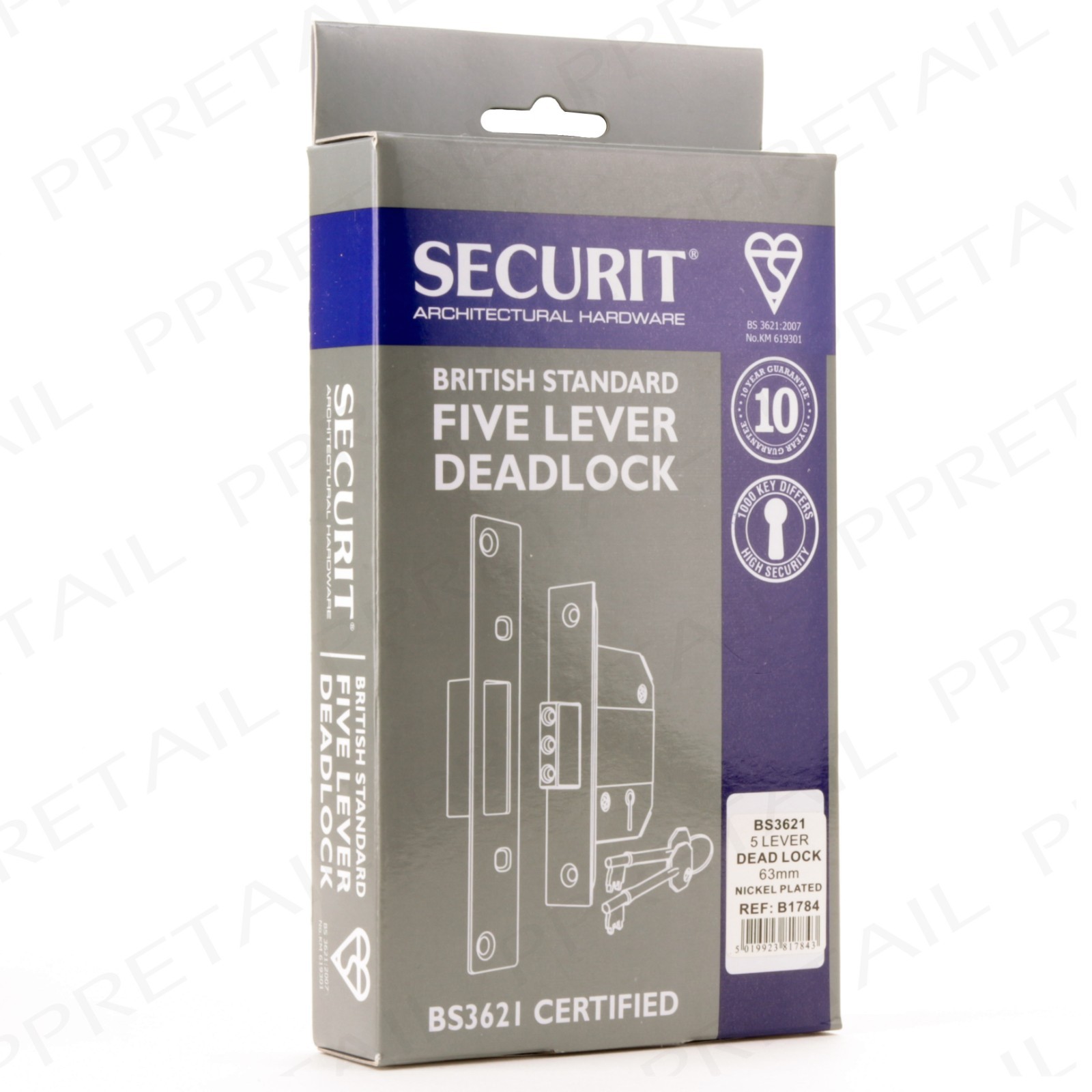 BS3621 CERTIFIED 63mm/2.5" Five Lever Deadlock Front/Back Door Security ...