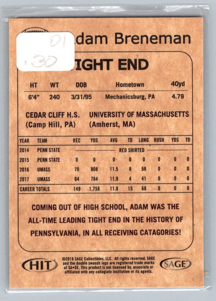 2018 SAGE HIT #21 Adam Breneman | eBay