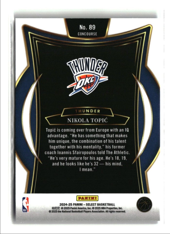 NIKOLA TOPIC 2024-25 Select Concourse Blue #89 RC Oklahoma City Thunder ...