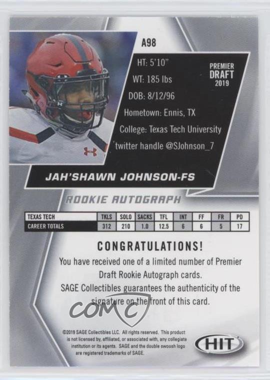 2019 Sage Hit Premier Draft Rookie Auto Jah'Shawn Johnson #A98 Auto | eBay