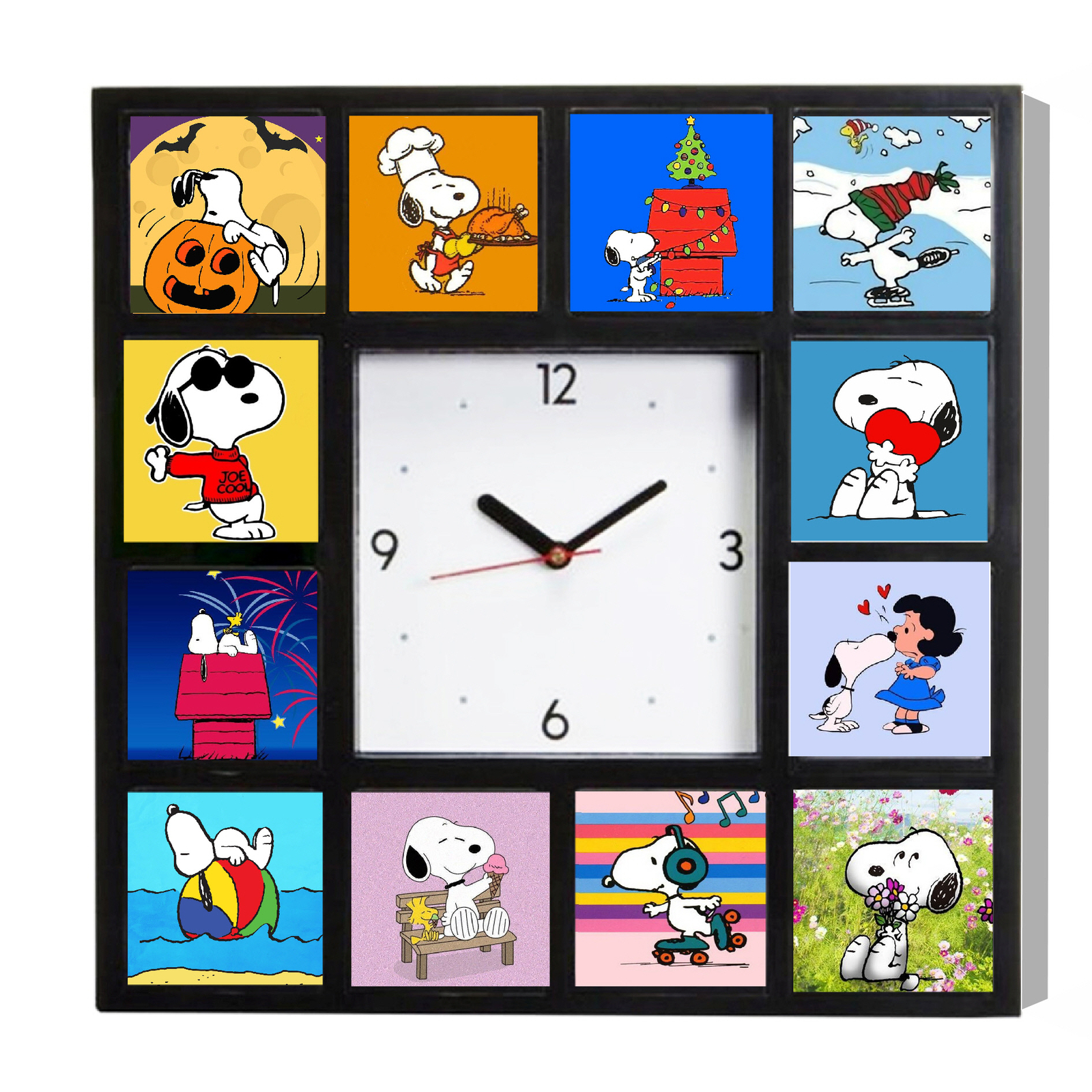 Snoopy through the year Peanuts Charlie Brown Dog Clock with 12 ...