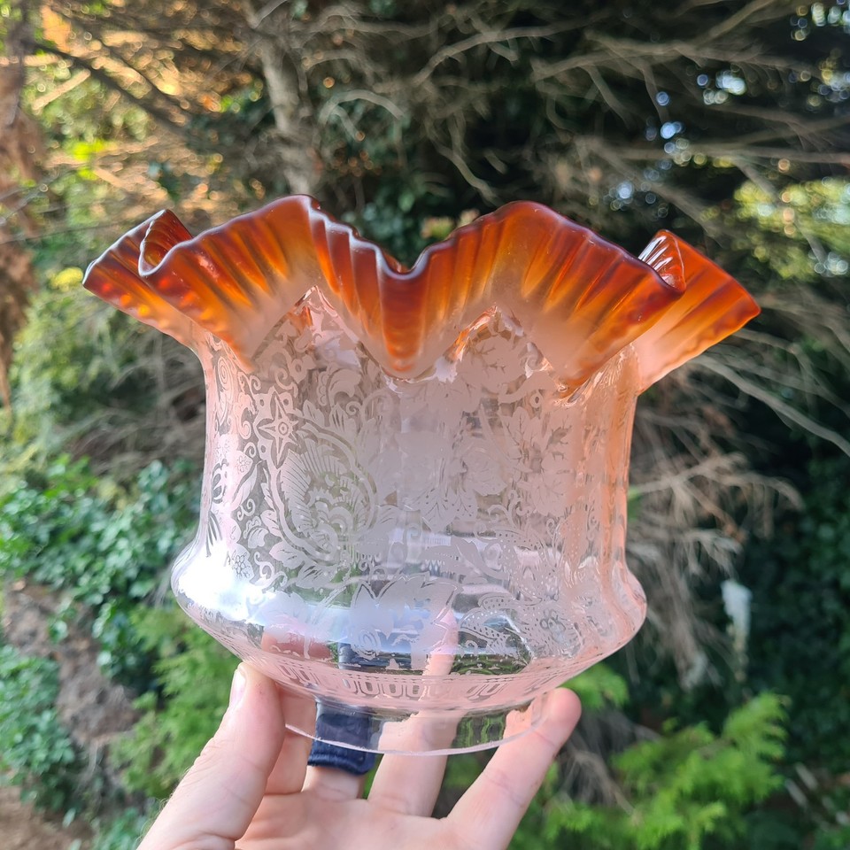 Original Victorian Amber Orange Nouveau Crimped Glass Oil Lamp Shade 4 ...