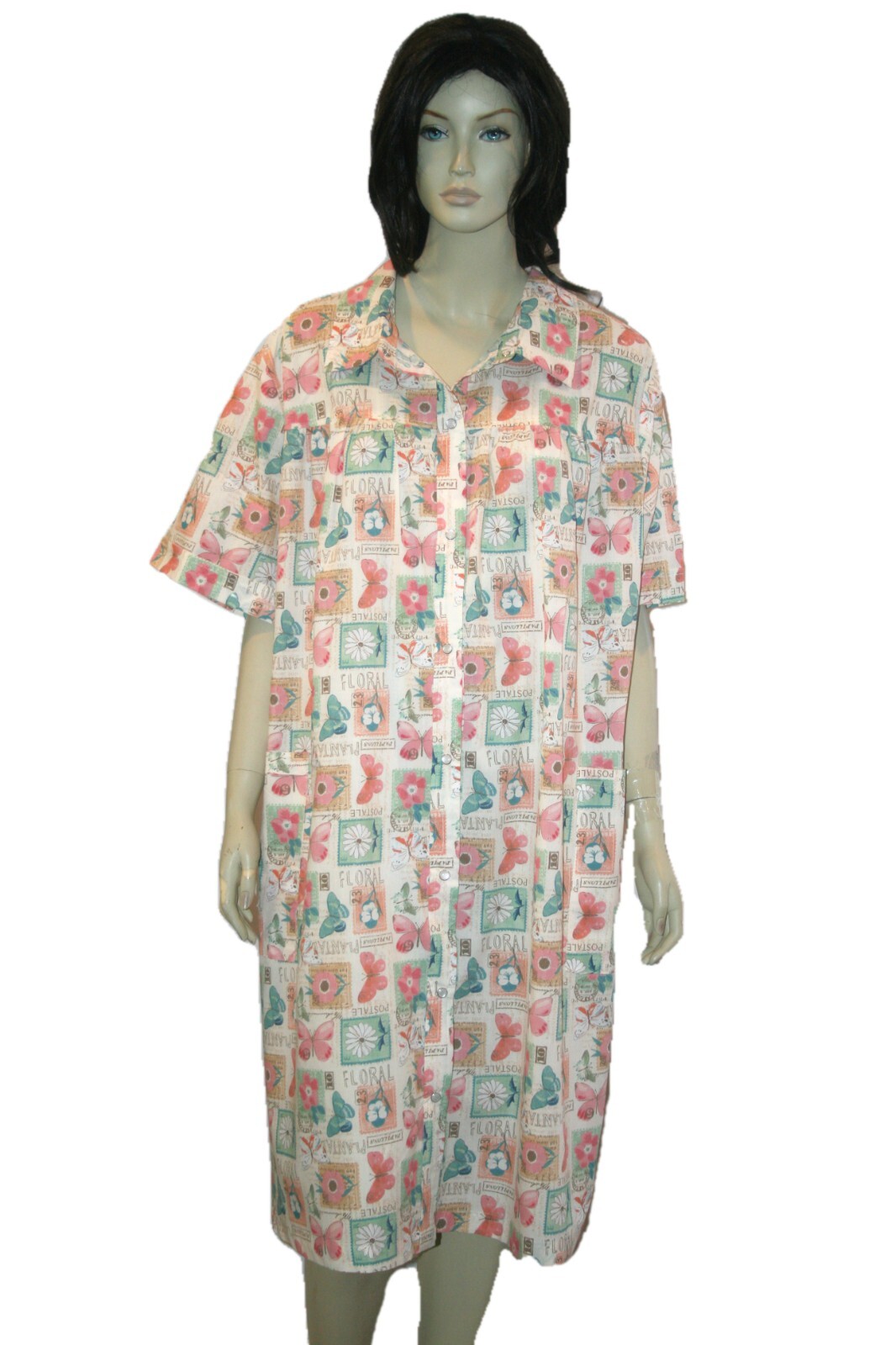 Womens Plus Size House Dress Duster Snap Buttons 3X Butterfly Floral ...