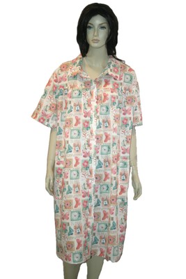 Womens Plus Size House Coat Duster Snap Buttons Butterfly Floral Stamp ...
