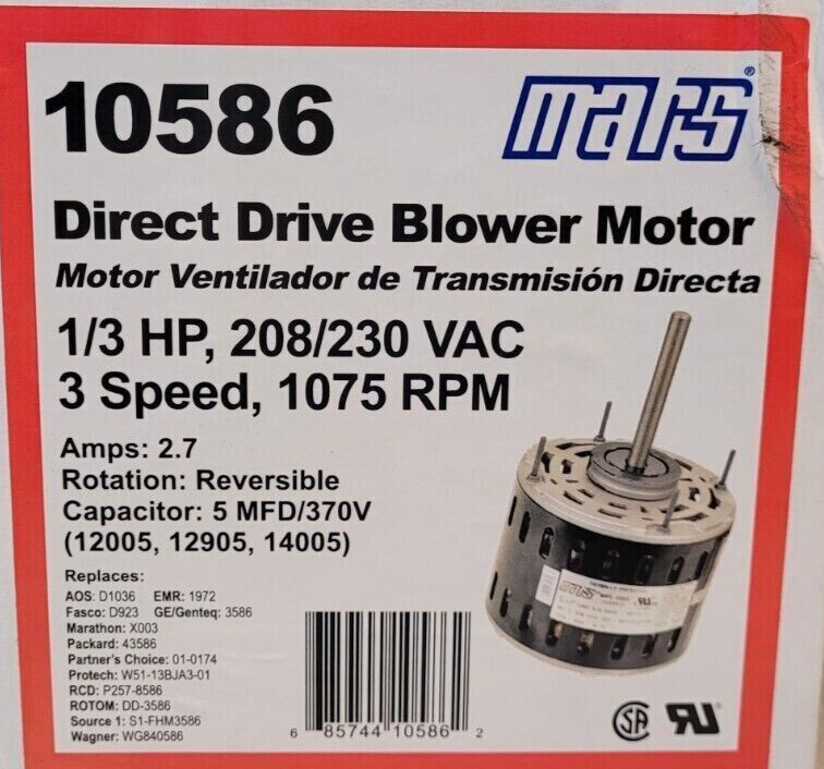 Mars Direct Drive Blower Motor 10586 1/3 HP 208/230 VAC 3 Speed 1075 ...