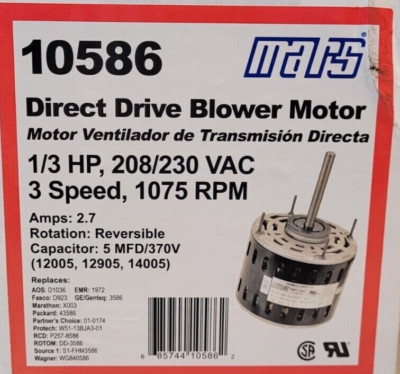 Mars Direct Drive Blower Motor 10586 1/3 HP 208/230 VAC 3 Speed 1075 ...