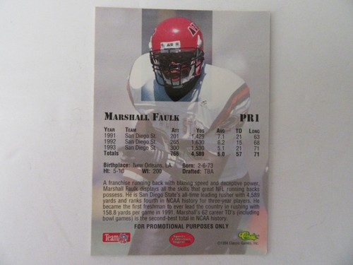 Marshall Faulk 1994 Classic Draft 94 Promo Card #PR1 - Brand New - Mint ...