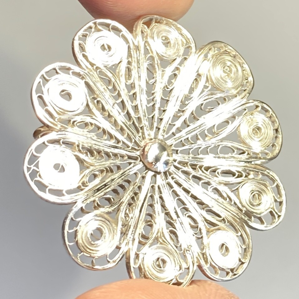 Filigree Flower Brooch Pin Handmade Tested Sterling Silver 925 1 5/8 ...