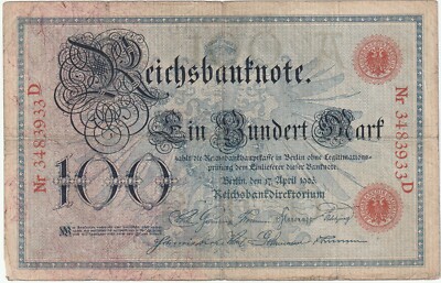 Germany Imperial Bank 100 Mark Banknote 1903 VF-Choice Fine Grd P#22 ...