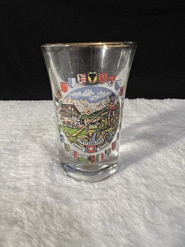 Vintage Switzerland Shot Glass Swiss Farmer Blowing Alphorn With Curved ...