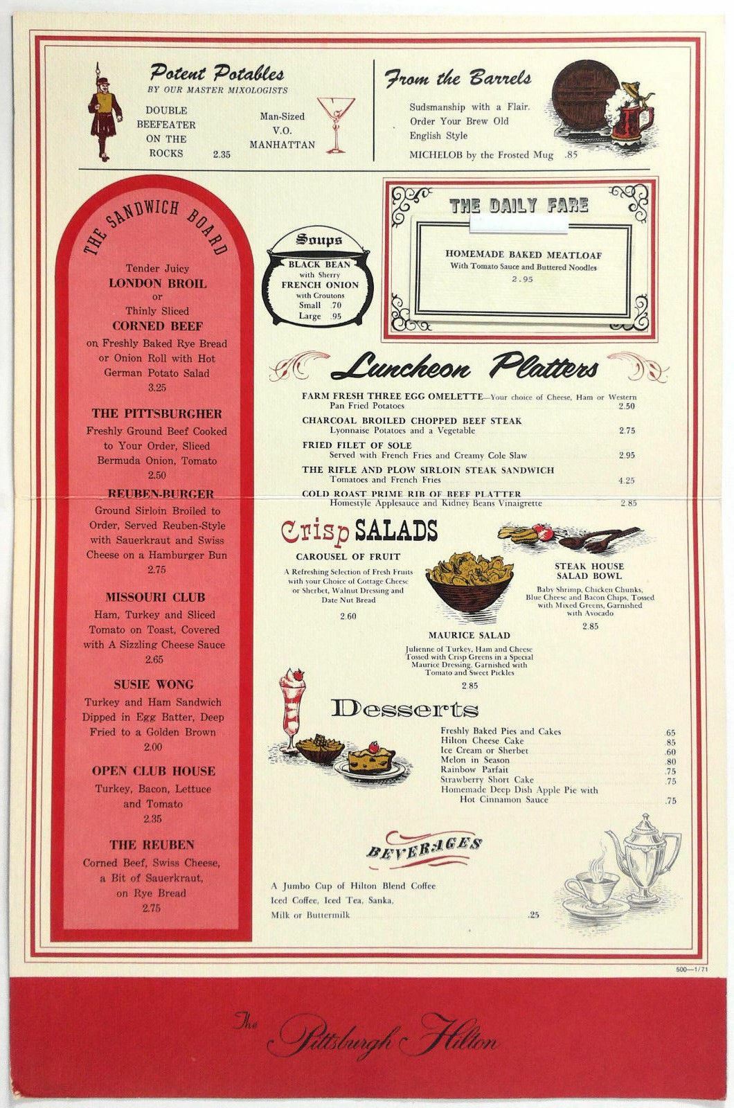 1971 Vintage Full Size Lunch Menu PITTSBURGH HILTON - RIFLE & PLOW ...