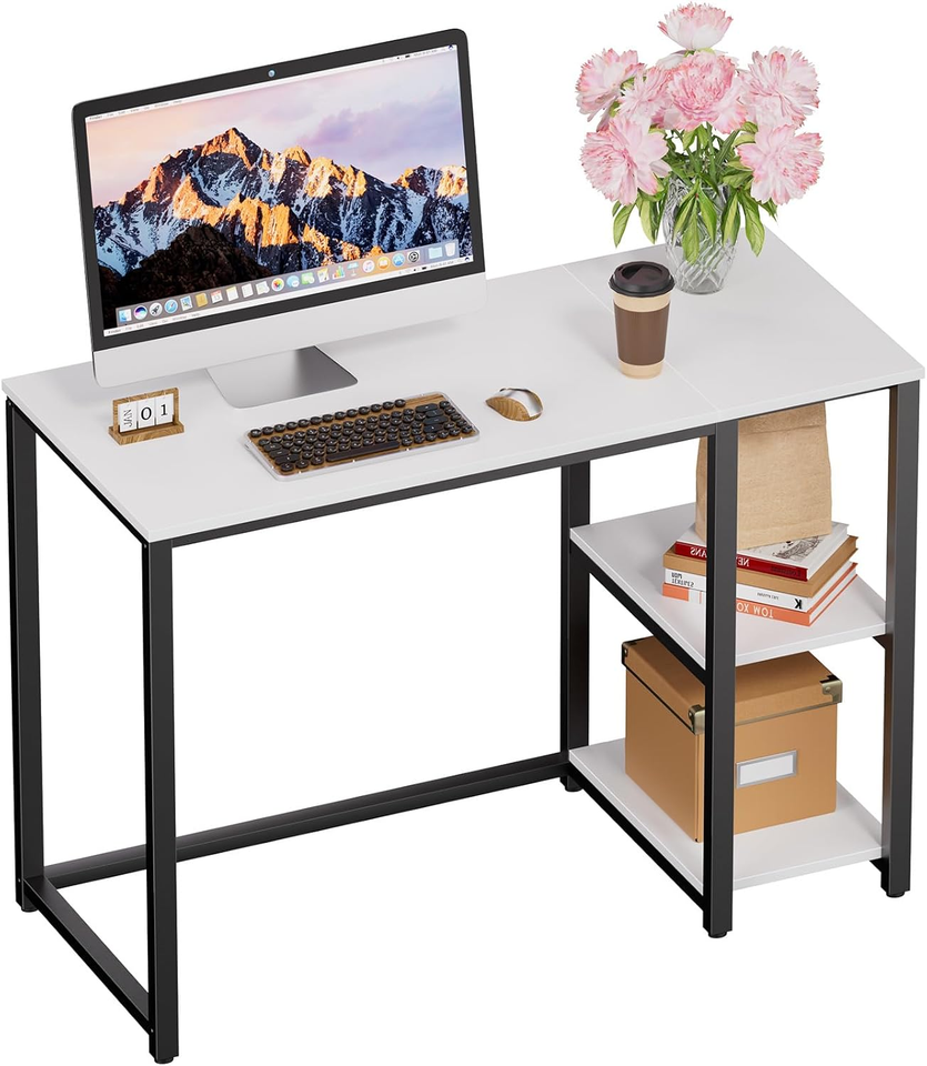 40IN Computer Desk with Shelves, Cream White Sturdy Small Desk for ...